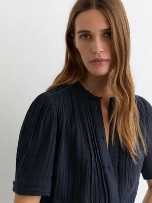 REISS Aurelia Cotton Cheesecloth Frill-neck Top