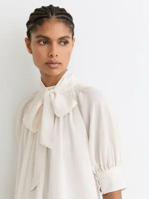 REISS Lerina Tie-neck Short-sleeve Blouse