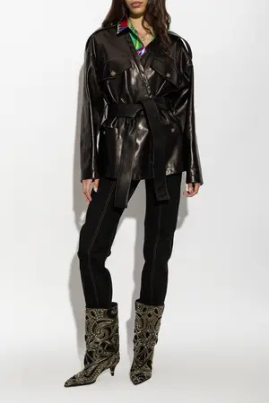 Versace Leather Belted Jacket With Pockets
