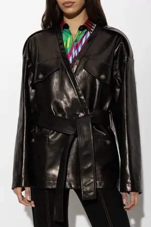 Versace Leather Belted Jacket With Pockets