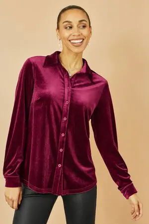 YUMI Burgundy Velvet Relaxed Fit Shirt - Red