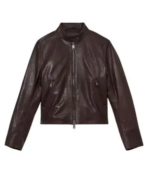 REISS Erin Leather Biker Jacket In Burgundy Red - Black