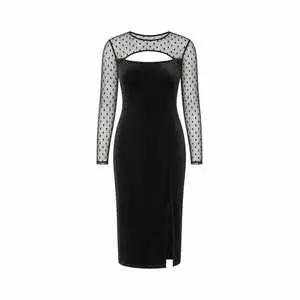 YUMI Velvet Midi Dress With Slash Neckline & Sheer Sleeves - Black