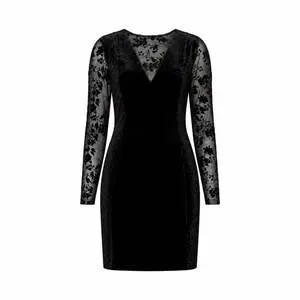 YUMI Fitted Velvet Dress With Sheer Floral Sleeves - Black