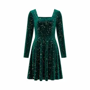 YUMI Star Foil Print Long Sleeve Skater Dress - Green
