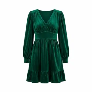 YUMI Velvet Long Sleeve Skater Dress - Green