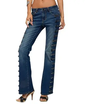 EDIKTED Button Loop Low Rise Dark Rinse Wash Bootcut Jeans