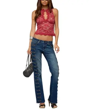 EDIKTED Button Loop Low Rise Dark Rinse Wash Bootcut Jeans