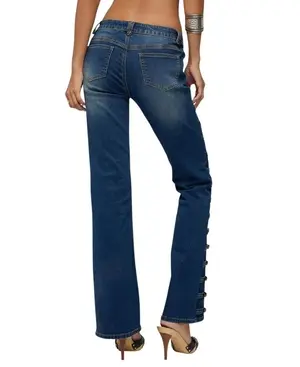 EDIKTED Button Loop Low Rise Dark Rinse Wash Bootcut Jeans