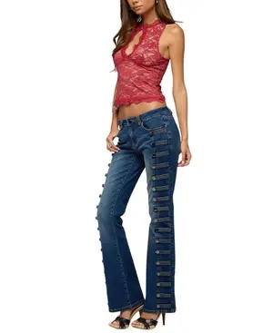EDIKTED Button Loop Low Rise Dark Rinse Wash Bootcut Jeans
