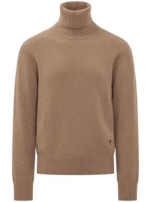 AMI Paris High Neck Knitted Jumper - Beige