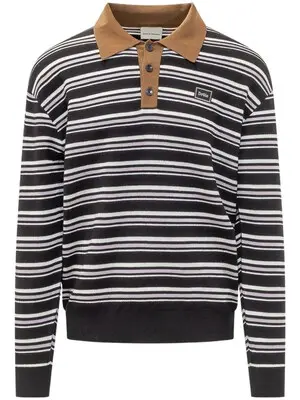 Drole De Monsieur Striped Knit Long Sleeve Polo Shirt - Blue