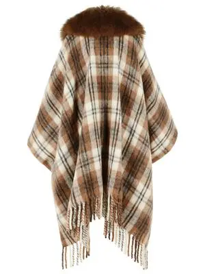 Moncler Wool Blend Cape With And White Shearling, Mohair And Alpaca Collar - Brown