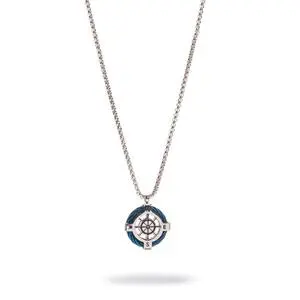EBRU JEWELRY Silver / Blue True North Compass Ship Wheel Blue Steel Necklace Silver