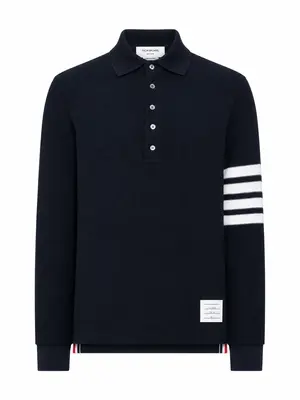 Thom Browne Long Sleeve Polo In Textured Pique W/ Eng Bar - Navy