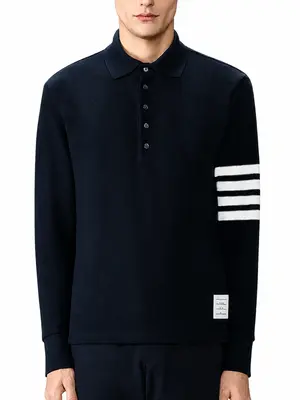 Thom Browne Long Sleeve Polo In Textured Pique W/ Eng Bar