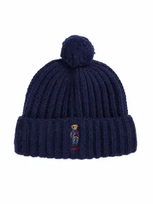 Ralph Lauren Rws Wool Recyc Nyln Pom Dnm Bear Beanie - Blue