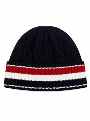 Thom Browne Cable And Rib Beanie In Merino Wool W/ Rwb Stripe Navy