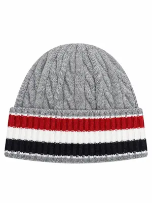 Thom Browne Cable And Rib Beanie In Merino Wool W/ Rwb Stripe - Lt Grey
