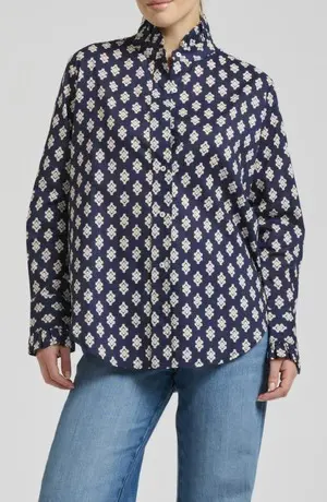 SHIRTY Ruffle Collar Cotton Shirt - Navy