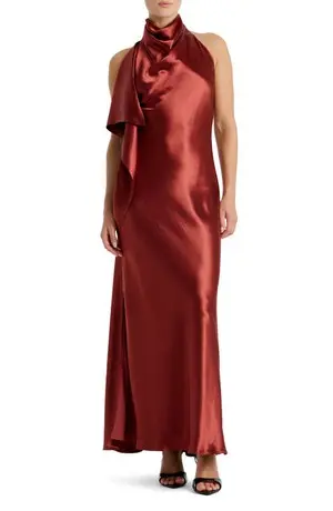 Bardot Sierra Drape Mock Neck Halter Satin Gown
