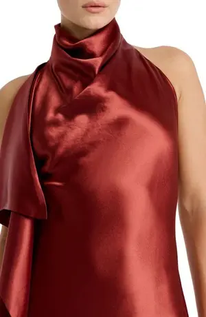 Bardot Sierra Drape Mock Neck Halter Satin Gown