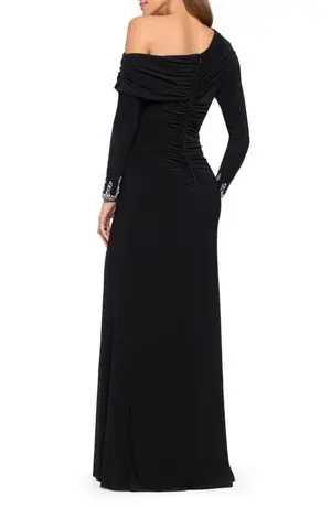 Betsy & Adam Ruched Beaded Cuff Long Sleeve Gown