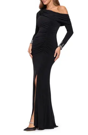Betsy & Adam Ruched Beaded Cuff Long Sleeve Gown