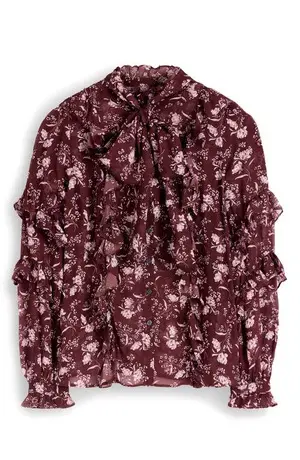 Boden Ruffled Georgette Tie Neck Top