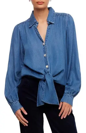 Karen Kane Tie Front Denim Top - Medium Blue