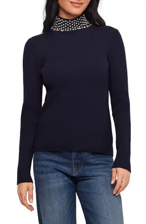 Karen Kane Pearl Embellished Turtleneck Sweater - Navy