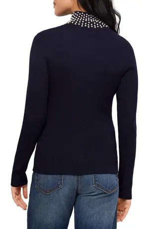 Karen Kane Pearl Embellished Turtleneck Sweater - Navy