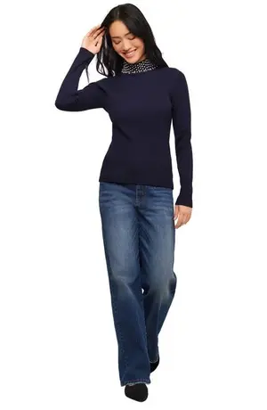 Karen Kane Pearl Embellished Turtleneck Sweater - Navy