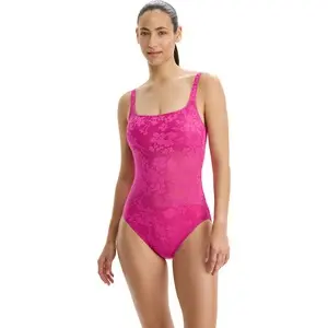 GOTTEX Chantilly Lace Textured Square Neck One Piece Swimsuit - Pink