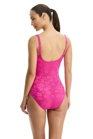 GOTTEX Chantilly Lace Textured Square Neck One Piece Swimsuit - Pink