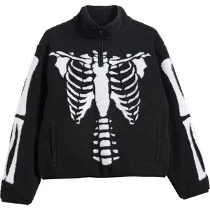MARKET Skeletal Print High Pile Fleece Quarter Zip Pullover - Black
