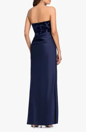 Betsy & Adam Velvet Burnout Bodice Strapless Sheath Gown