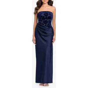 Betsy & Adam Velvet Burnout Bodice Strapless Sheath Gown - Navy