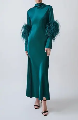 Lapointe Satin Draped Neck Bias Dress With Feathers