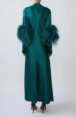 Lapointe Satin Draped Neck Bias Dress With Feathers