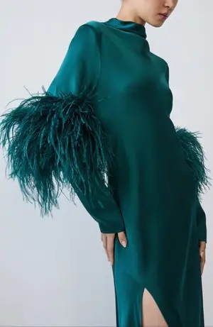 Lapointe Satin Draped Neck Bias Dress With Feathers