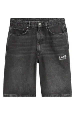 L/AB C/O OFF-WHITE Diagonal Logo Denim Shorts - Phantom Black