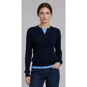 GALLERY SEVEN Wool Blend Cable Knit Layered Look Pullover Top - Deep Navy