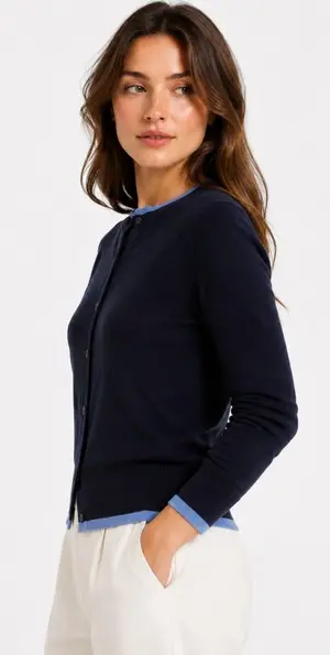 GALLERY SEVEN Wool Blend Contrast Trim Button Cardigan - Deep Navy