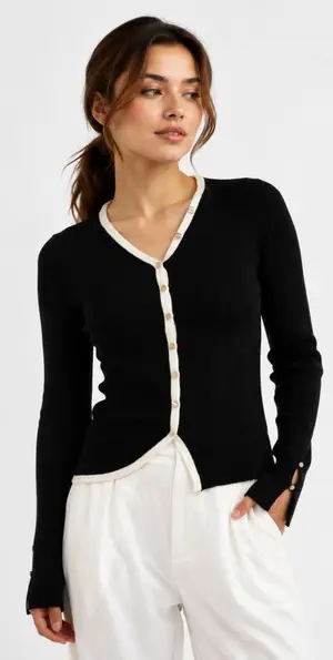 GALLERY SEVEN Contrast Trim Wool Blend V-neck Cardigan - Black