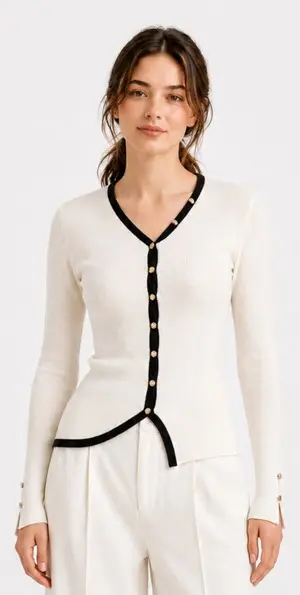 GALLERY SEVEN Contrast Trim Wool Blend V-neck Cardigan - Ivory