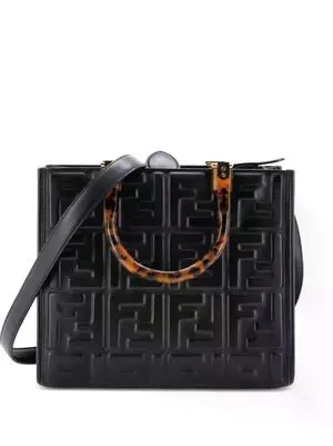 Fendi Sunshine Shopper Tote Zucca Embossed Leather Small Shoulder Bag - Black
