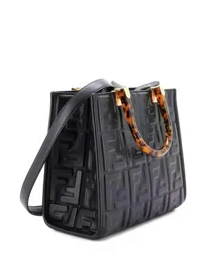 Fendi Sunshine Shopper Tote Zucca Embossed Leather Small Shoulder Bag - Black