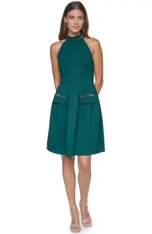Halston Embellished Halter Fit-and-flare Dress