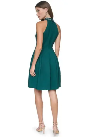 Halston Embellished Halter Fit-and-flare Dress